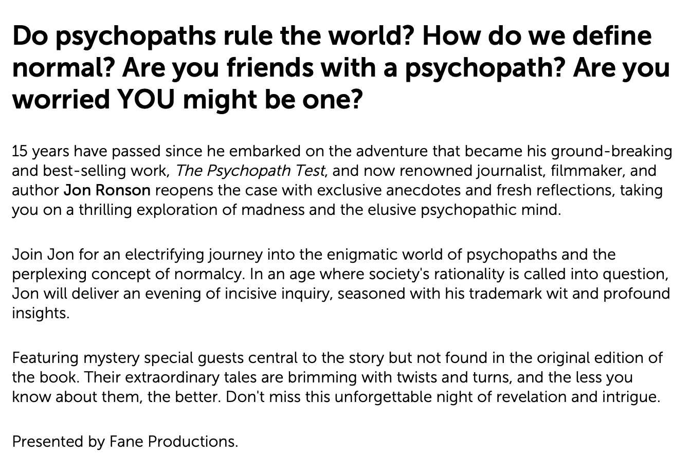 Review: Jon Ronson’s Psychopath Night 2024 – The Lies They Tell